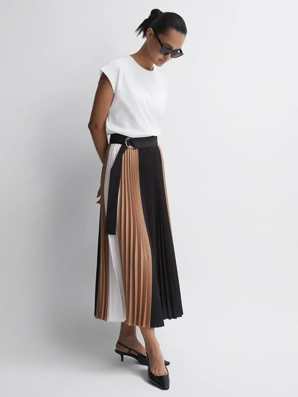 REISS Ava Colorblock Pleated Midi Skirt - Black/camel