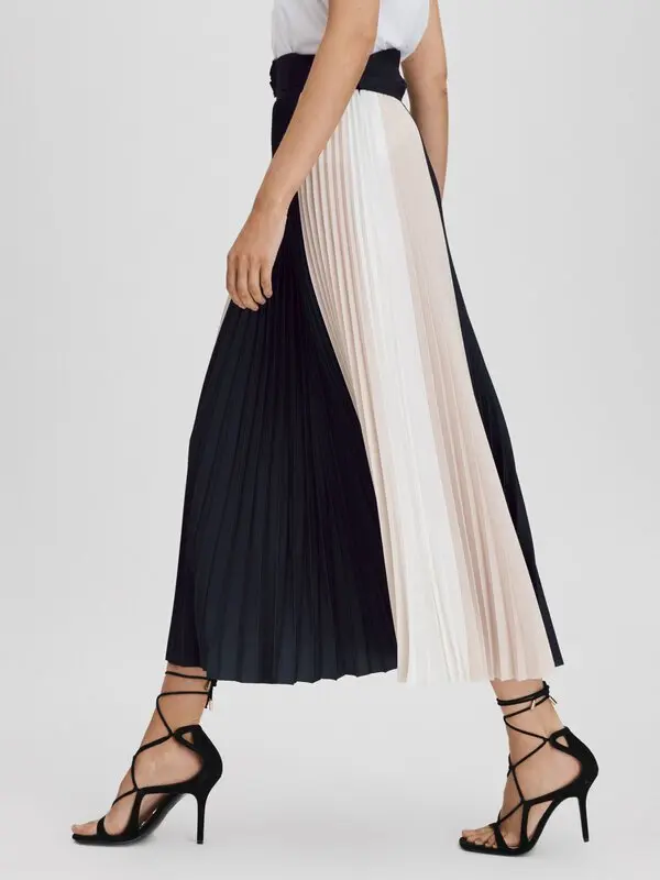 REISS Ava Colorblock Pleated Midi Skirt