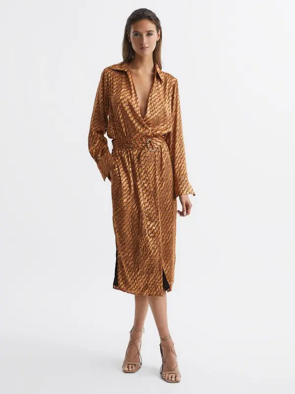 REISS Devoure Print Belted Midi Dress