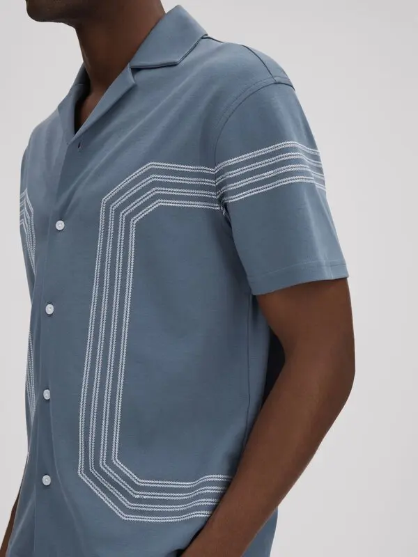 REISS Arlington Mercerised Cotton Embroidered Cuban Collar Shirt