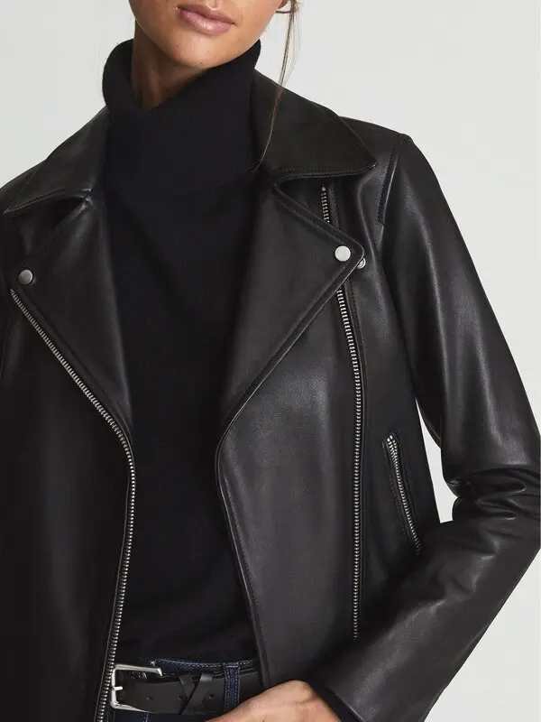REISS Geo Leather Biker Jacket - Black