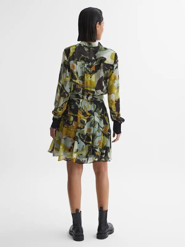 REISS Floral Print Belted Mini Dress - Khaki