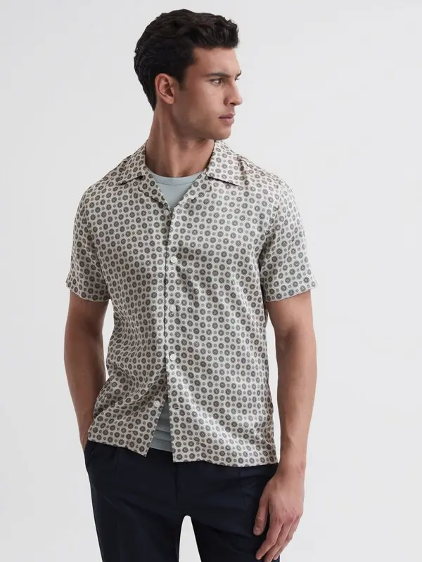 REISS Pedro Printed Cuban Collar Shirt - Grey