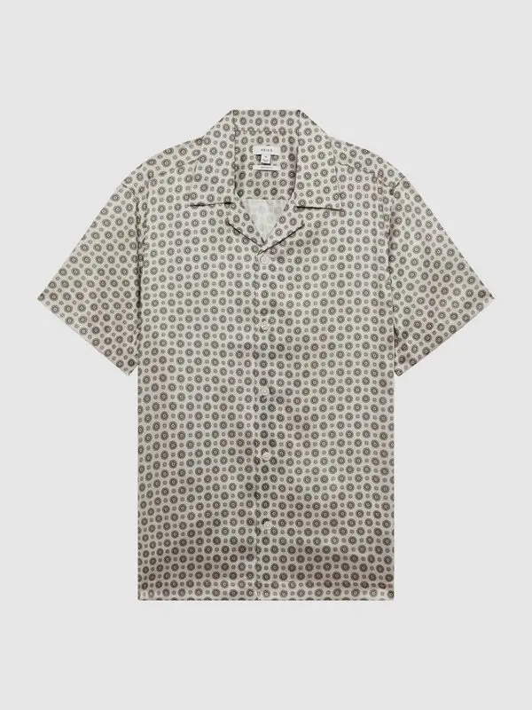 REISS Pedro Printed Cuban Collar Shirt - Grey
