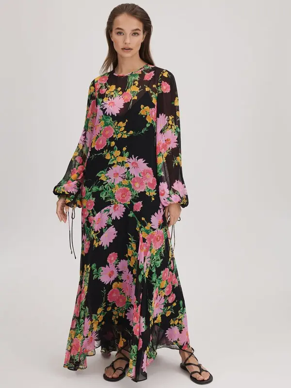 Florere Sheer Floral Print Midi Dress In Pink/Black - 80% Off | Editorialist