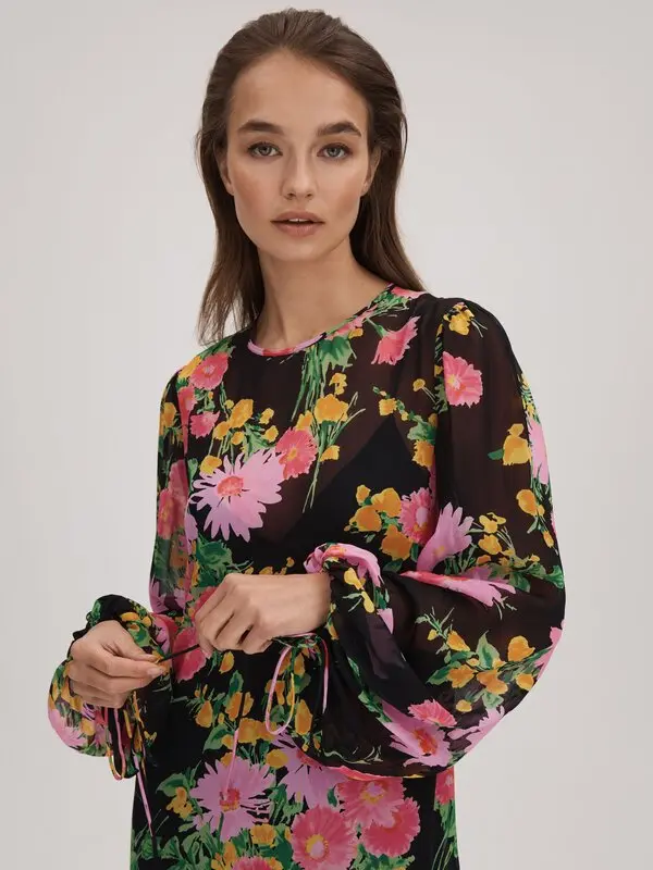 Florere Sheer Floral Print Midi Dress In Pink/Black - 80% Off | Editorialist