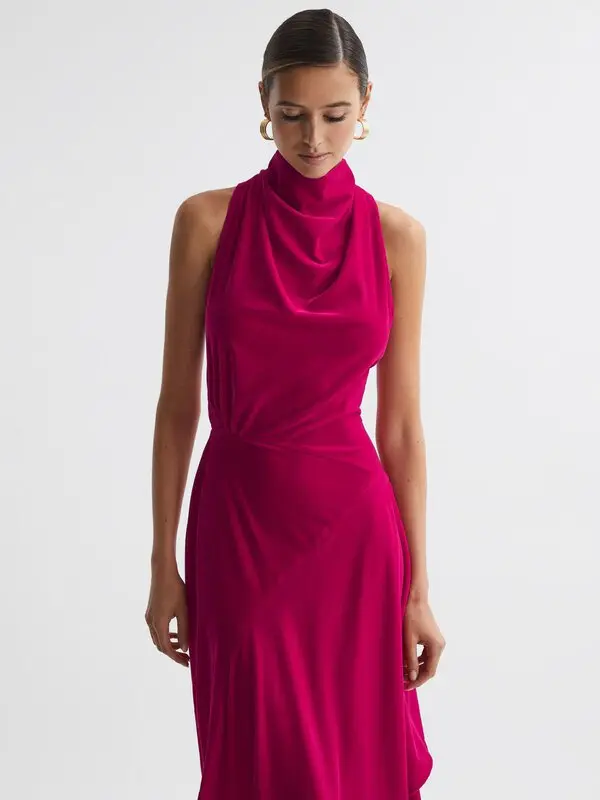 REISS Giannon Velvet Funnel Neck Midi Dress