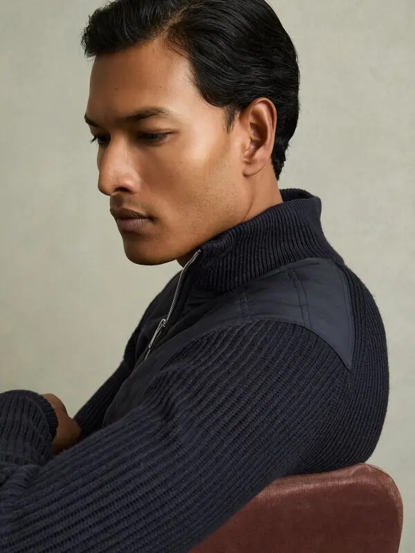 REISS Zip-through Hybrid Jacket - Navy