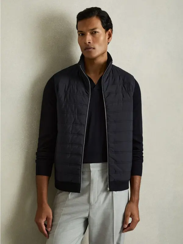 REISS William Hybrid Quilt And Knit Zip-through Gilet - Navy