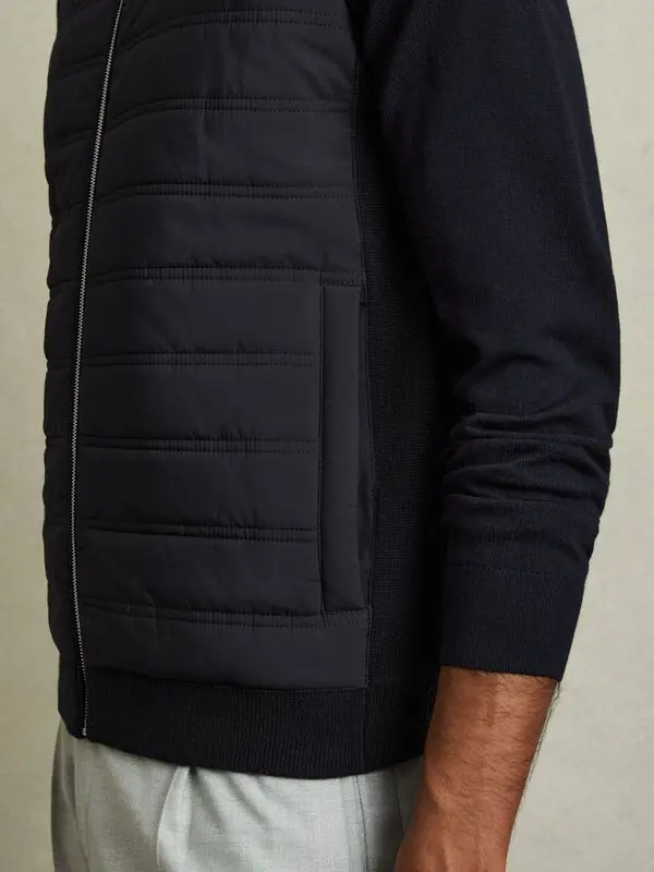 REISS William Hybrid Quilt And Knit Zip-through Gilet - Navy