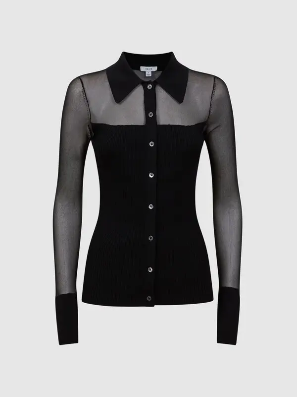 REISS Nelly Sheer Knitted Button-through Top