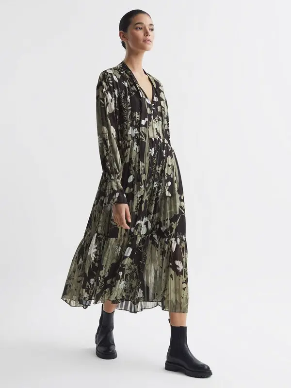 REISS Lottie Floral Print Tie Neck Midi Dress