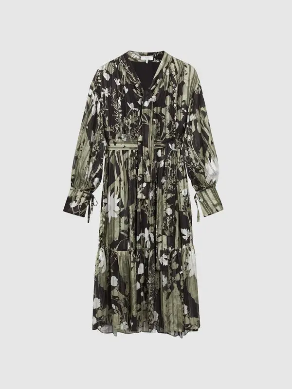 REISS Lottie Floral Print Tie Neck Midi Dress