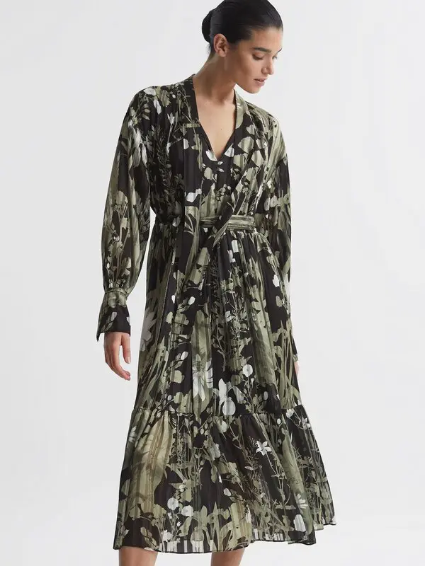 REISS Lottie Floral Print Tie Neck Midi Dress