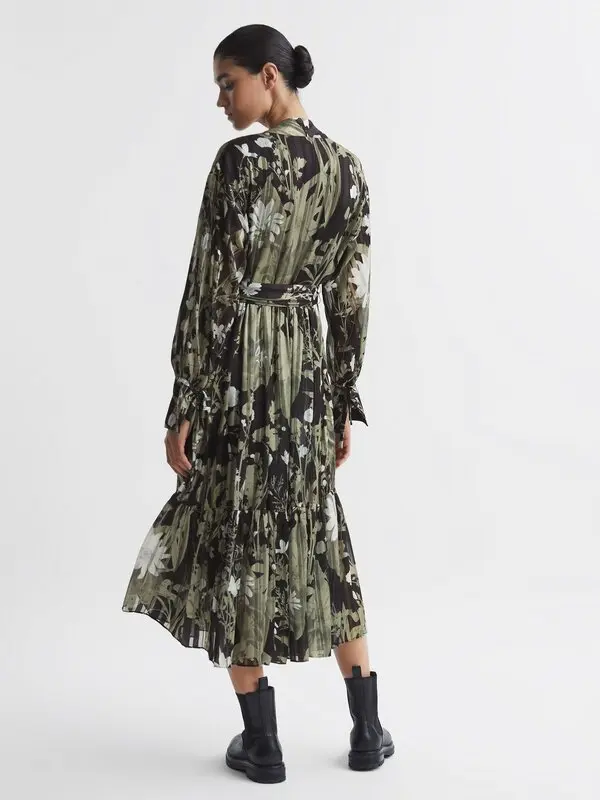 REISS Lottie Floral Print Tie Neck Midi Dress