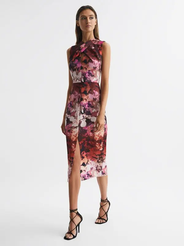 Reiss Floral Printed Bodycon Midi Dress In Berry 71% Off