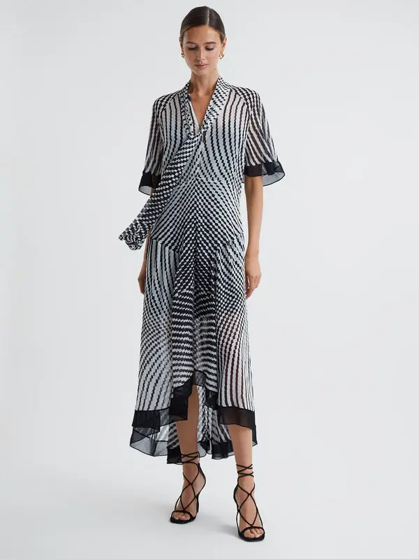 REISS Anaya Check Midi Dress With Removable Neck Tie