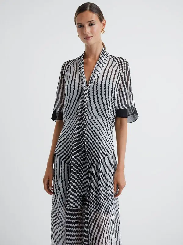 REISS Anaya Check Midi Dress With Removable Neck Tie