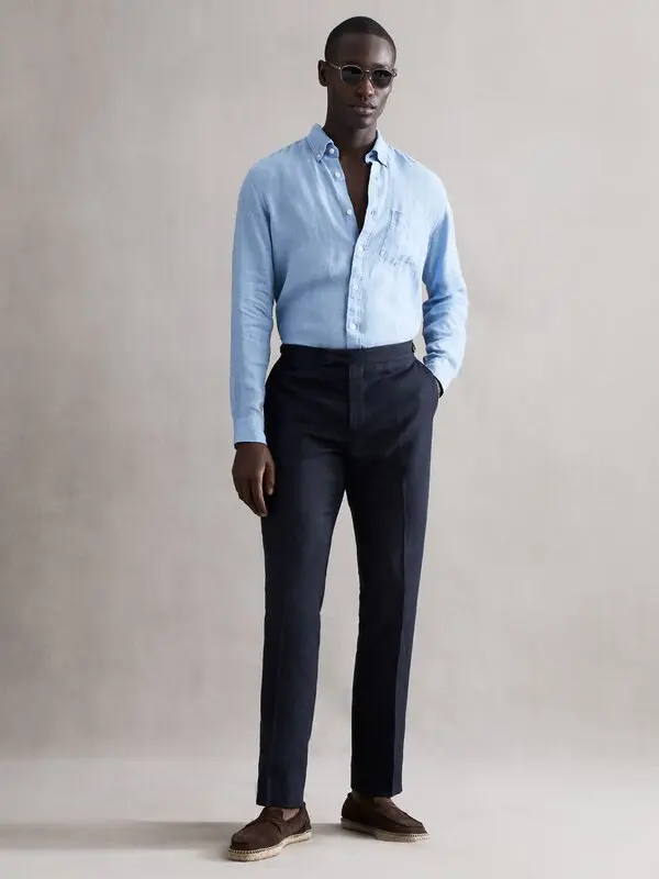 REISS Kin Slim Fit Linen Trousers - Navy
