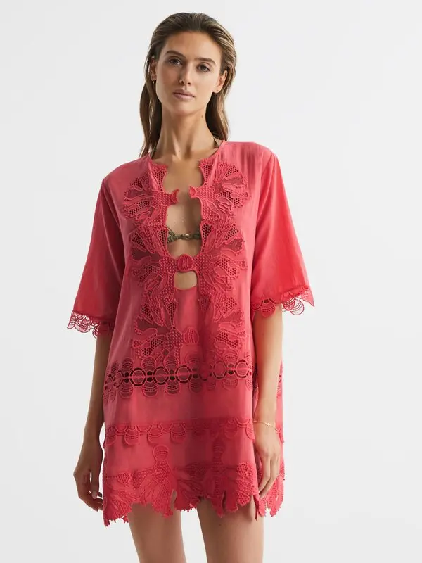 Reiss Etta Embroidered Kaftan In Coral - 70% Off | Editorialist