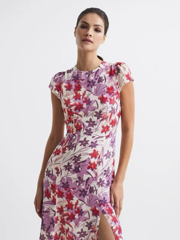 REISS Livia Printed Midi Dress With Cut Out Back