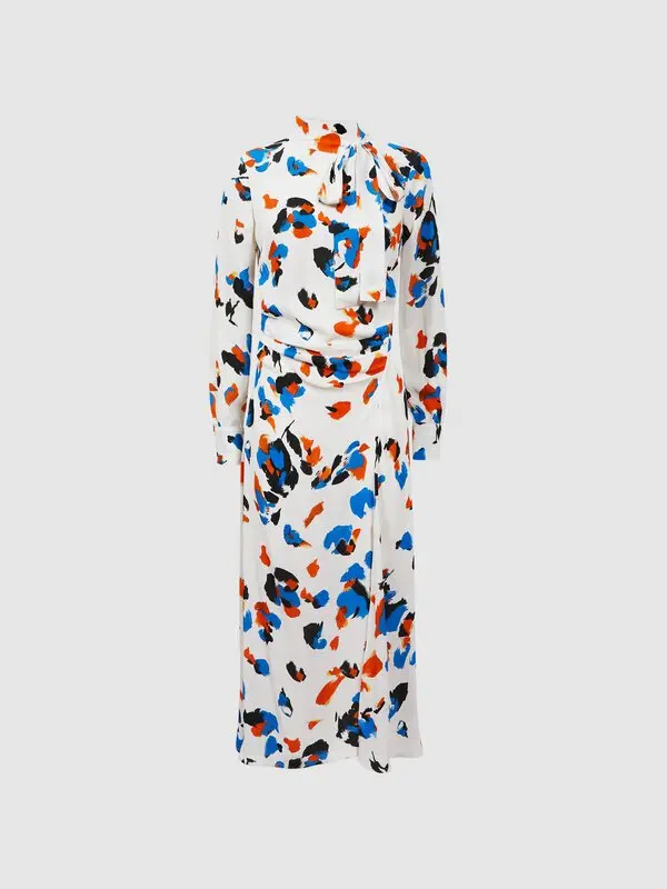 REISS Niyah Printed Tie Neck Midi Dress