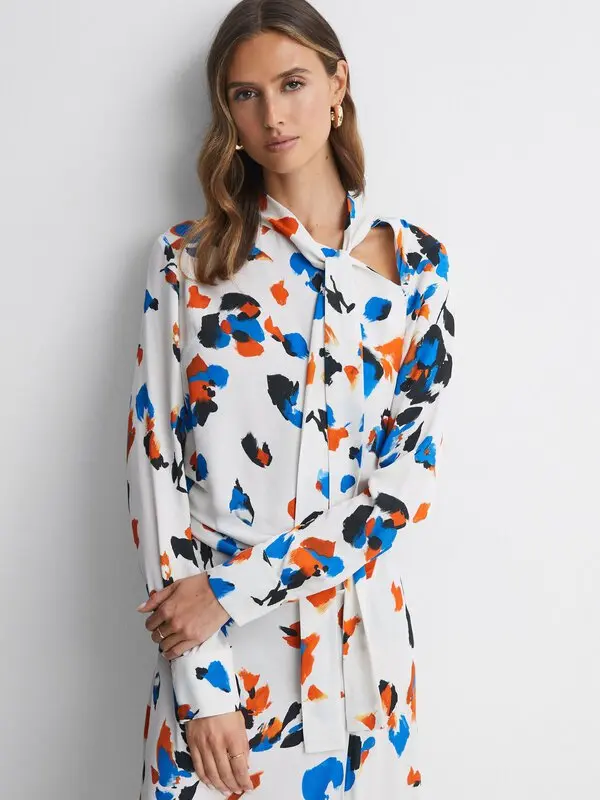 REISS Niyah Printed Tie Neck Midi Dress