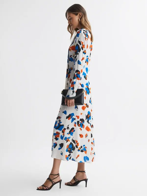 REISS Niyah Printed Tie Neck Midi Dress
