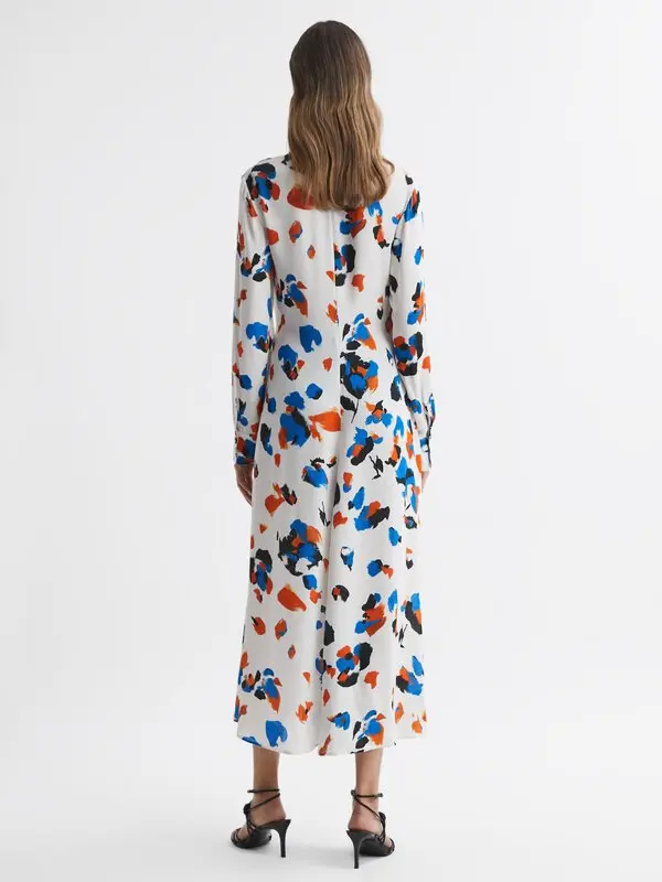 REISS Niyah Printed Tie Neck Midi Dress