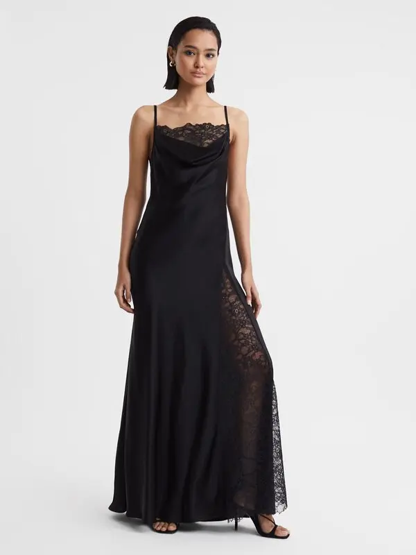 Anna Quan Satin Lace Cowl Neck Maxi Dress