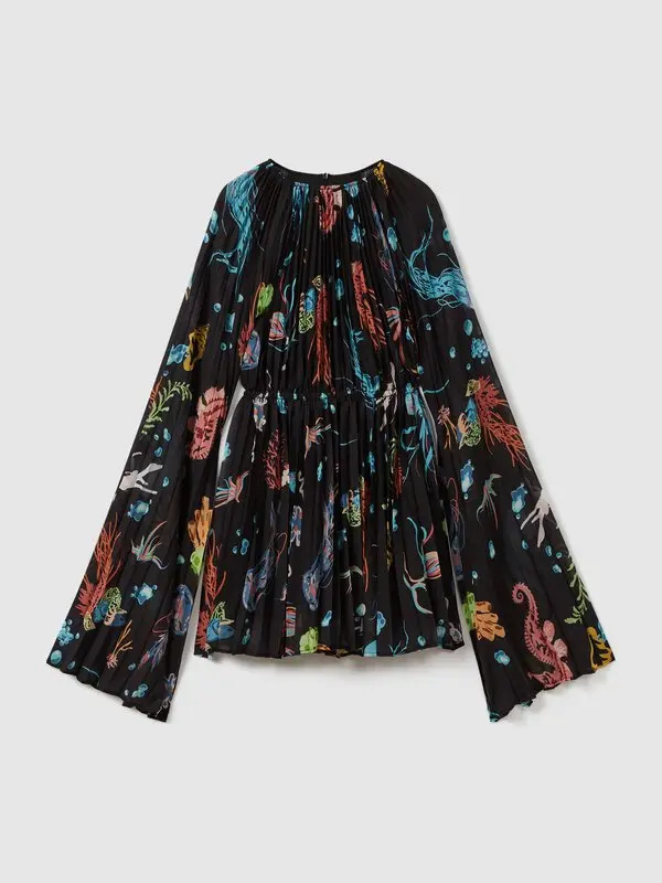 Leo Lin Evelyn Pleated Bell Sleeve Mini Dress - Twilight Print Black