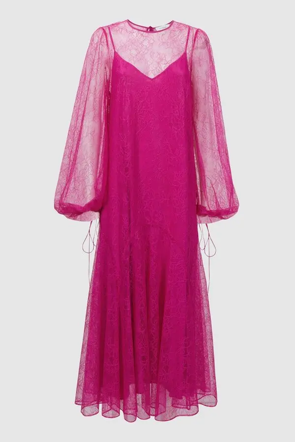 dusty pink lace midi dress Women's Just Call Me Later Dusty Pink Satin Lace Trim Midi Skirt | Size: M main image 1
