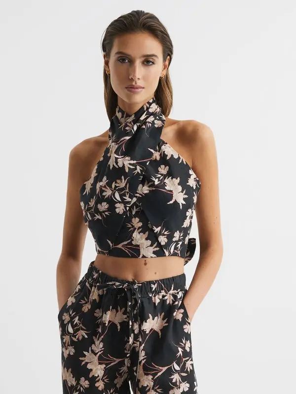 REISS Ally Printed Linen Halterneck Crop Top - Black