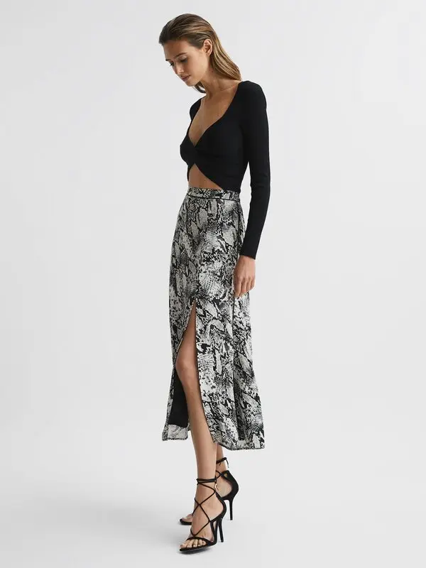 REISS Katia Printed Slip Midi Skirt