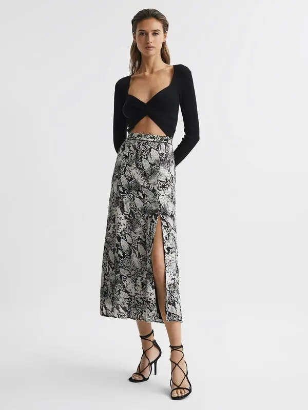 REISS Katia Printed Slip Midi Skirt