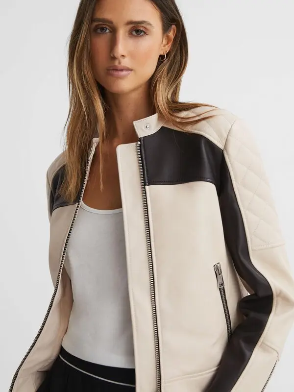 REISS Adelaide Leather Collarless Quilted Jacket - Black/neutral