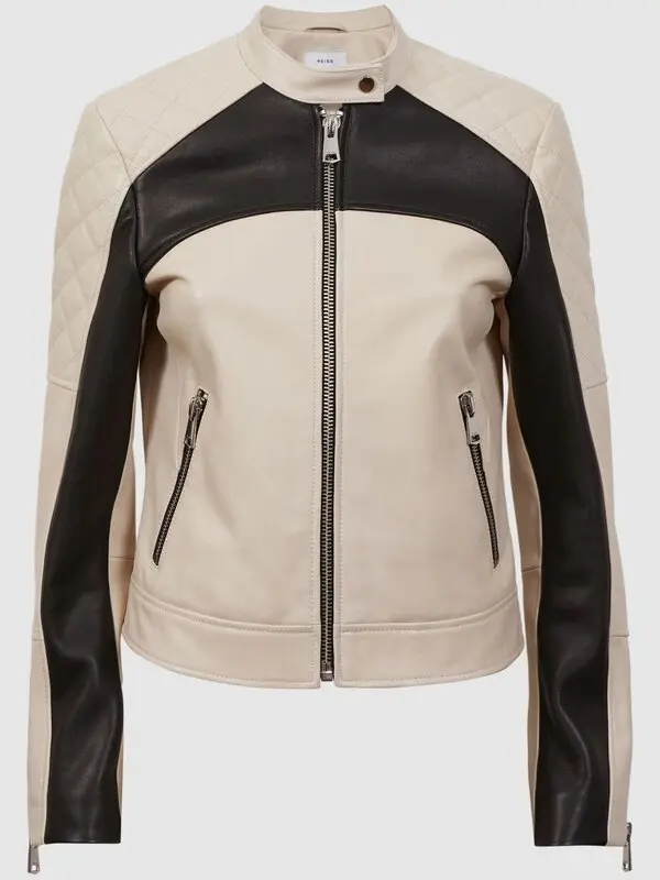 REISS Adelaide Leather Collarless Quilted Jacket
