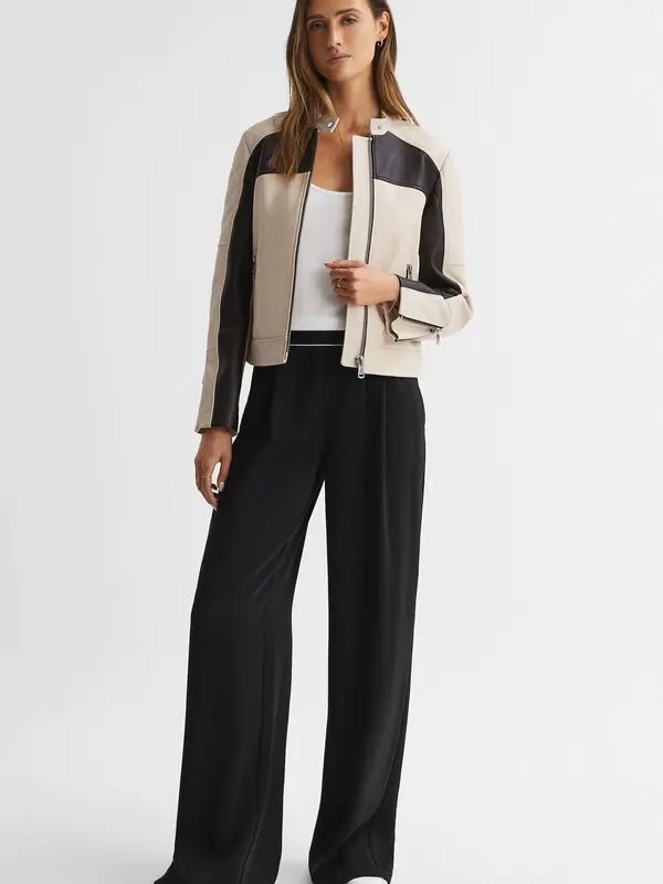 REISS Adelaide Leather Collarless Quilted Jacket