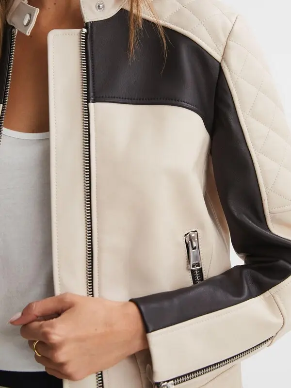 REISS Adelaide Leather Collarless Quilted Jacket