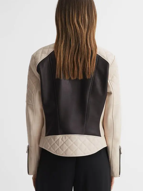 REISS Adelaide Leather Collarless Quilted Jacket