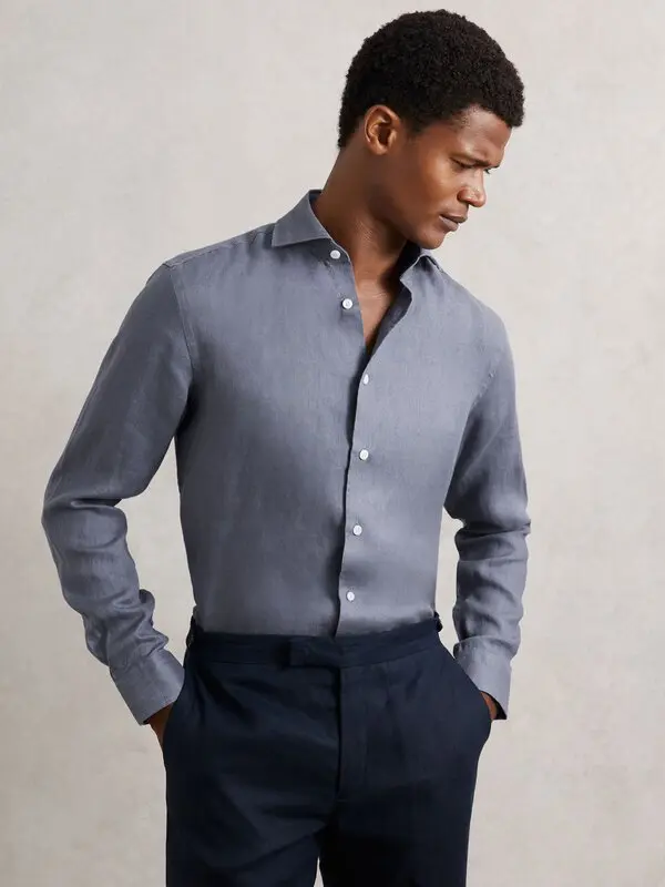 REISS Ruban Linen Cutaway-collar Shirt - Airforce Blue