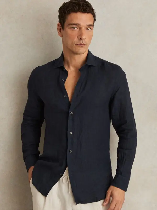 REISS Ruban Linen Cutaway-collar Shirt - Navy