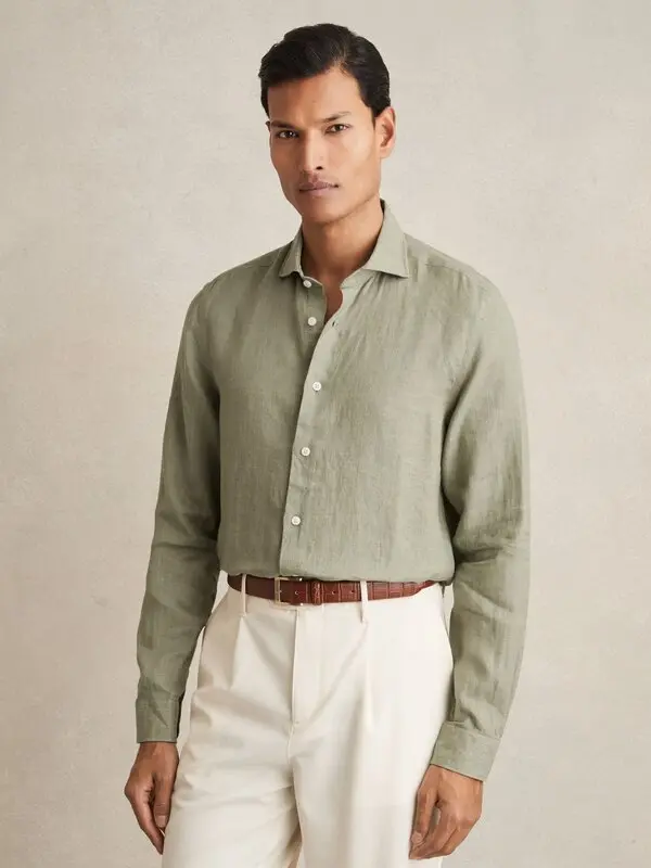 REISS Ruban Linen Cutaway-collar Shirt - Thyme Green