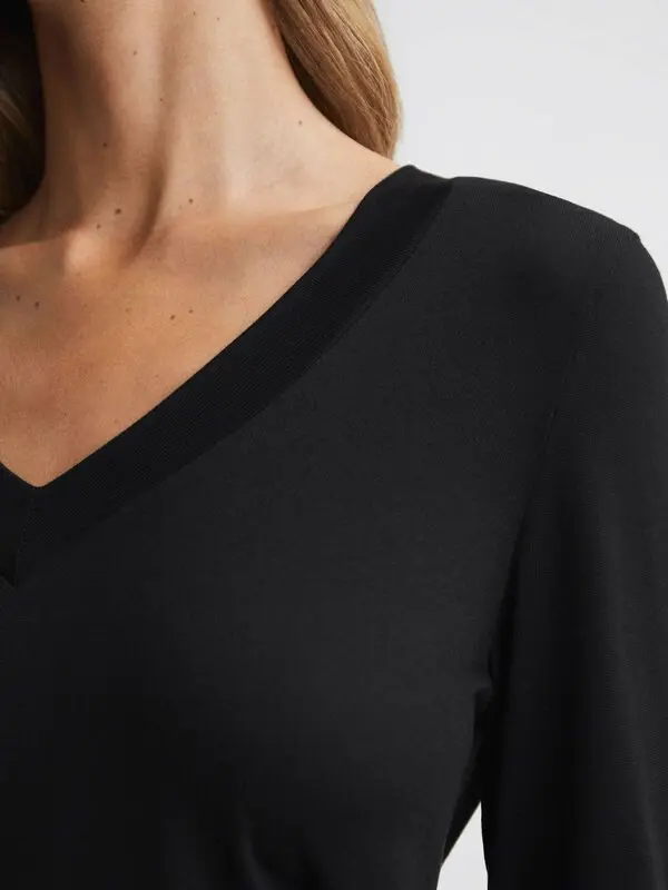 REISS Brady Jersey V-neck Top - Black
