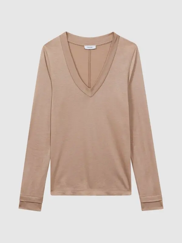 REISS Brady Jersey V-neck Top - Camel