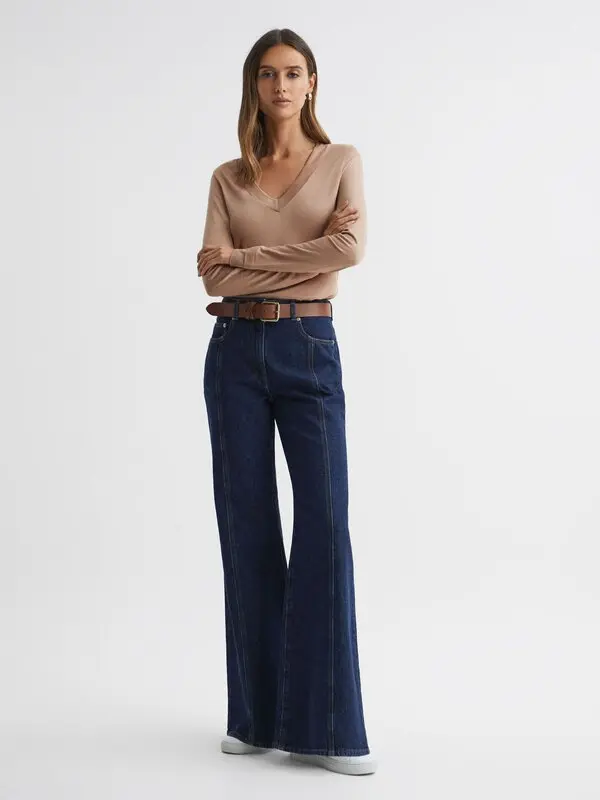REISS Brady Jersey V-neck Top - Camel