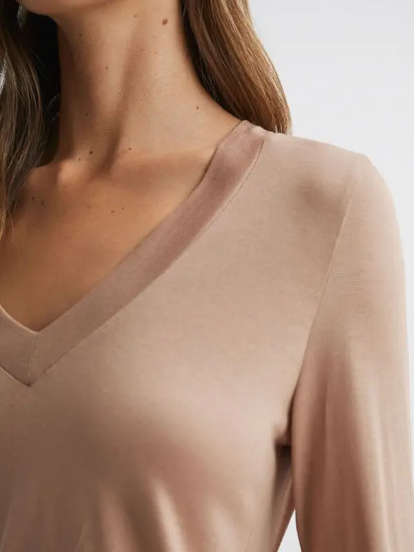 REISS Brady Jersey V-neck Top - Camel