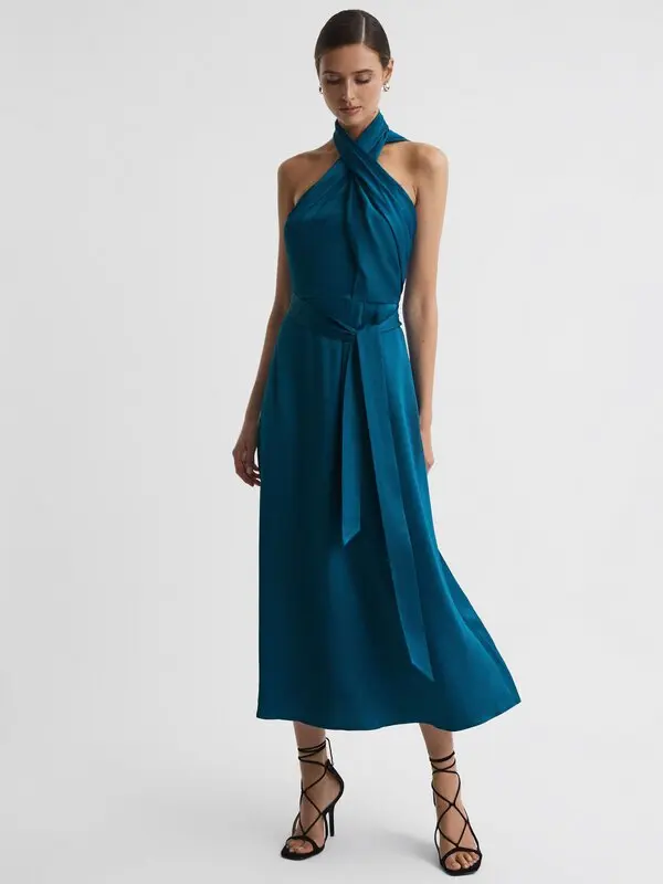 REISS Vida Satin Halter Neck Fitted Midi Dress