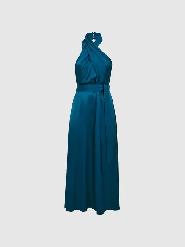 REISS Vida Satin Halter Neck Fitted Midi Dress