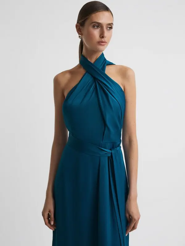 REISS Vida Satin Halter Neck Fitted Midi Dress